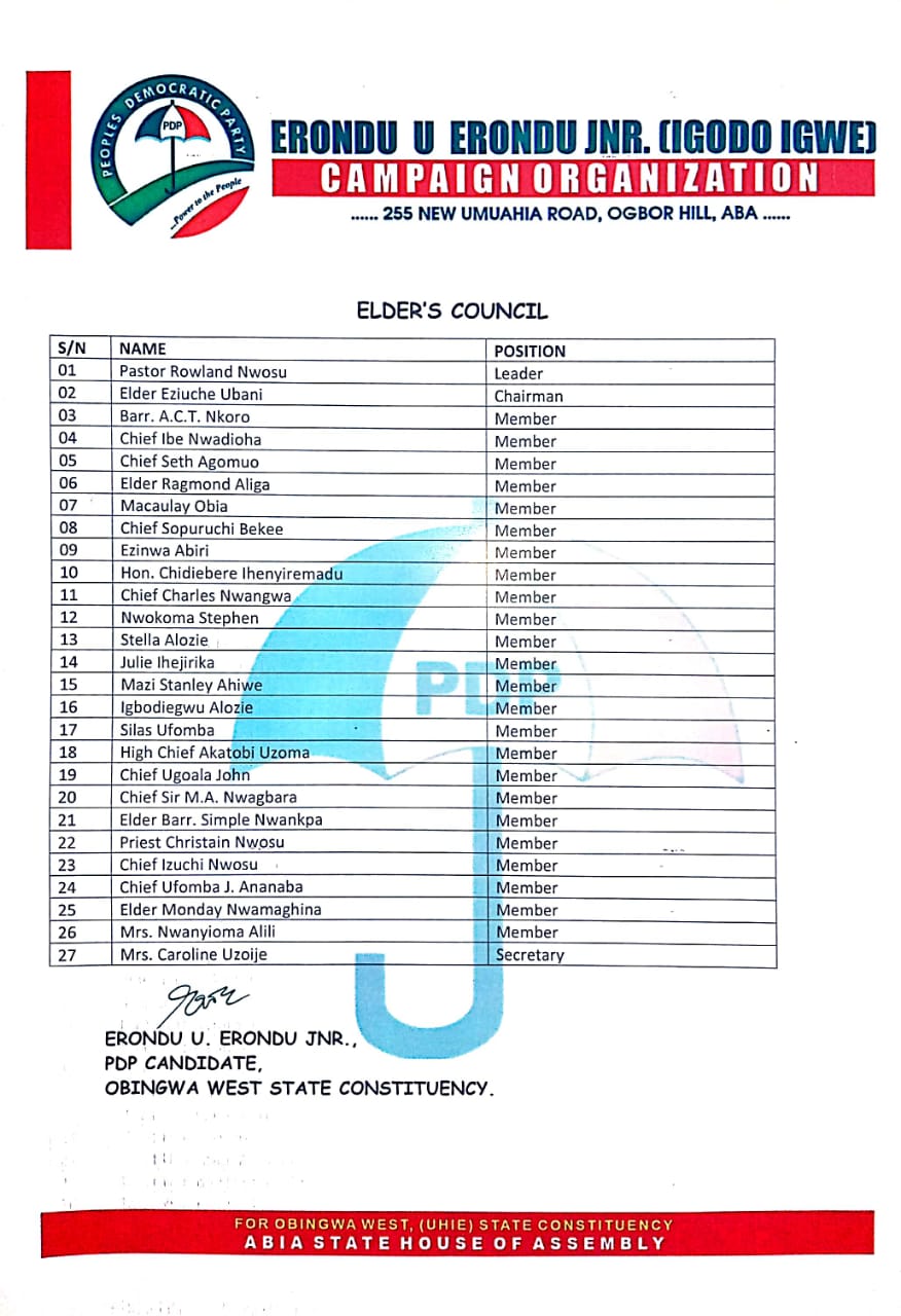 Erondu Jnr. Gears Up for 2023 as He Unveils His General Campaign Council