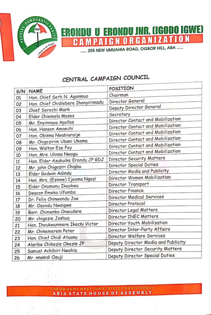 Erondu Jnr. Gears Up for 2023 as He Unveils His General Campaign Council